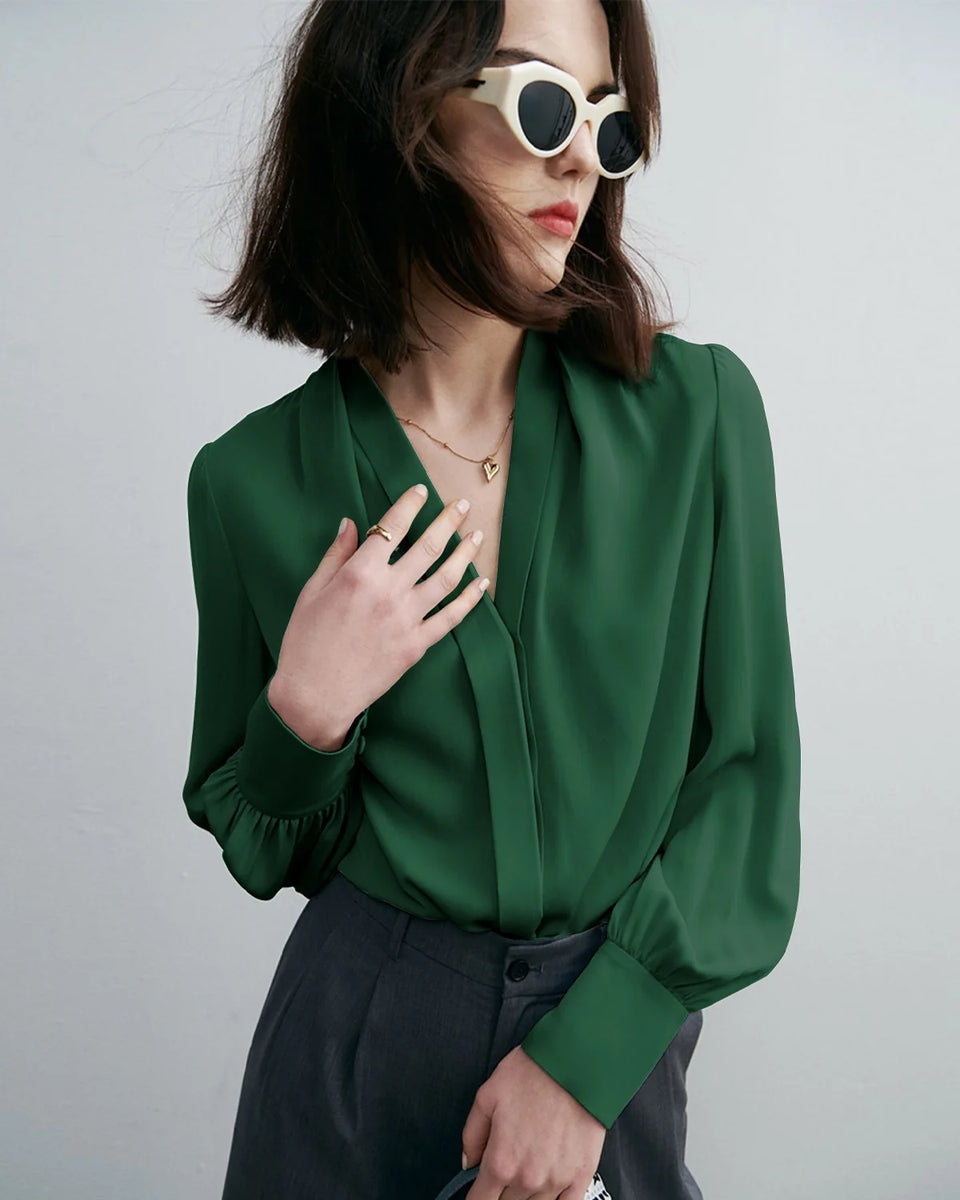 Luxury Silk Blouse for Women Elegant Deep V-Neck Top Office Formal Silk ...